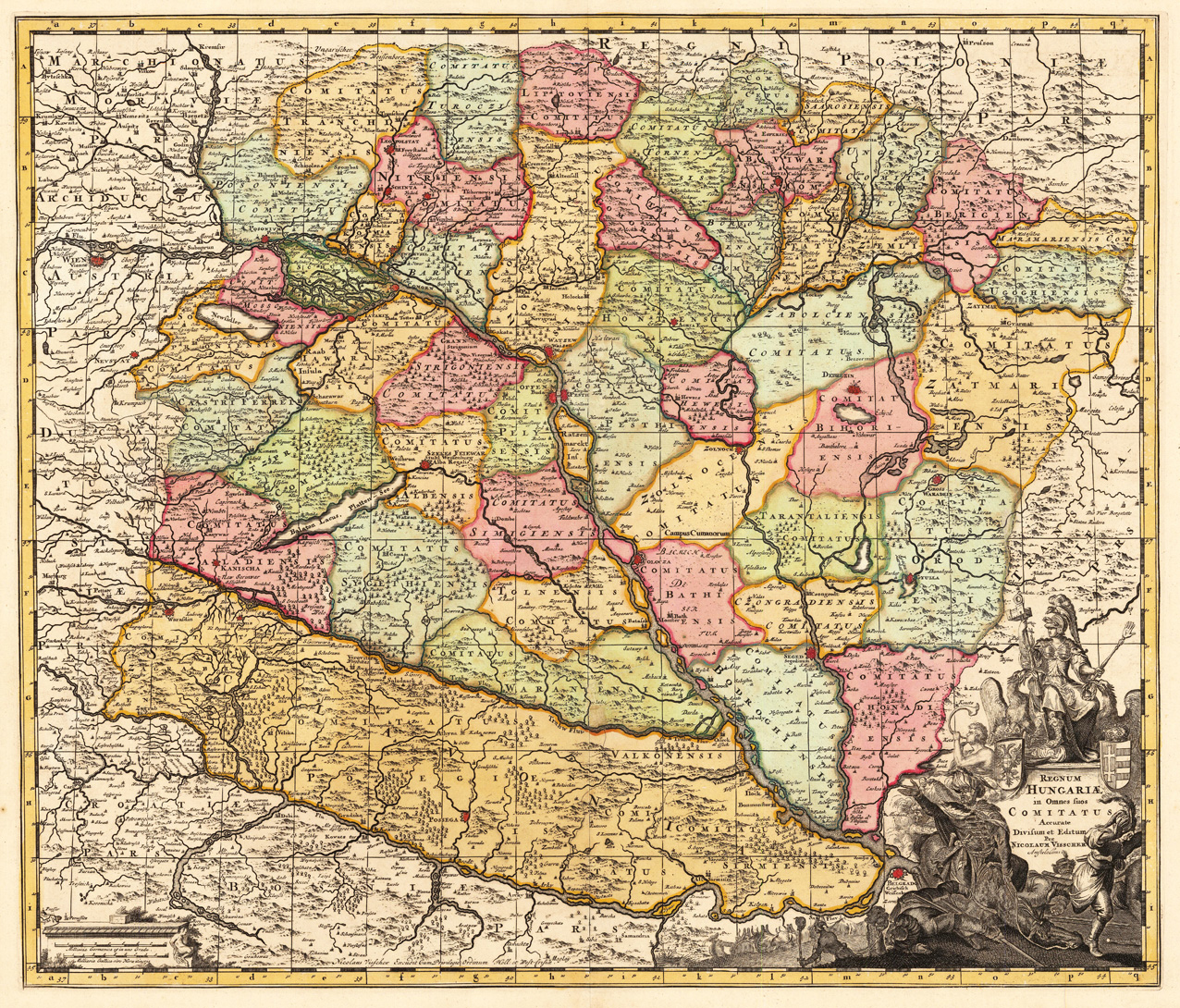 Antique, old, rare and historic map of Kingdom of Hungary by Visscher ...